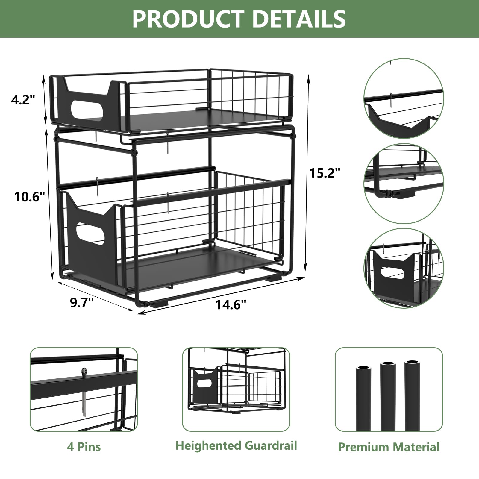 RM FOLD ART Under Sink Organizers and Storage, 2 Pack Metal Pull Out Cabinet Organizer, Sliding Bathroom Organizer Multi-use Under Sink Shelf Organizer for Home Storage, Black