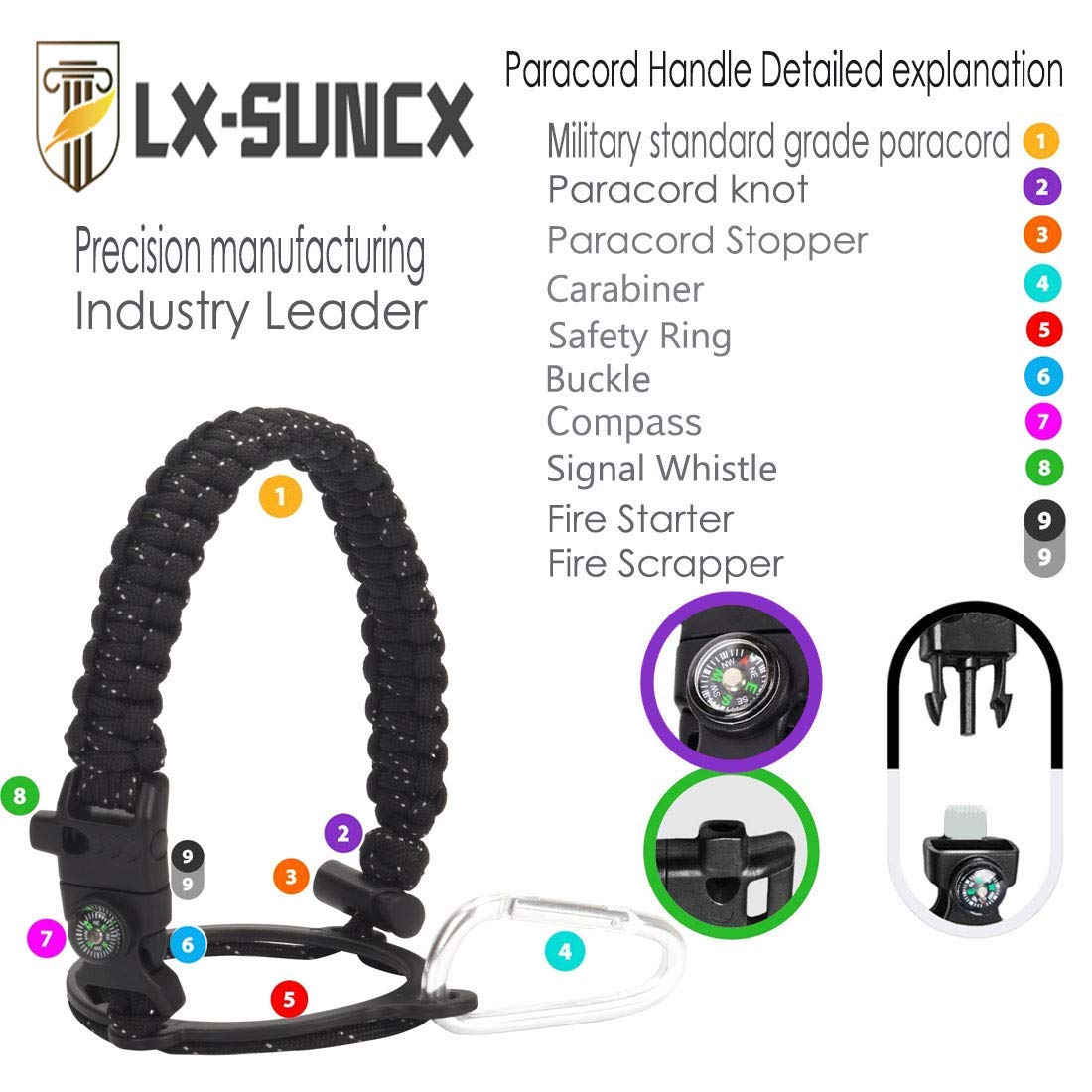 Paracord Handle Strap and Boot for Hydro Flask Wide Mouth Water Bottles,Durable Carrier with Safety Ring and Carabiner (Black White Spots)/Black, 32oz-40oz