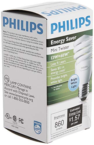 Philips LED 414045 Energy Saver Compact Fluorescent T2 Twister (A19 Replacement) Household Light Bulb: 5000-Kelvin, 13-Watt (60-Watt Equivalent), E26 Medium Screw Base, Daylight, 6-Pack