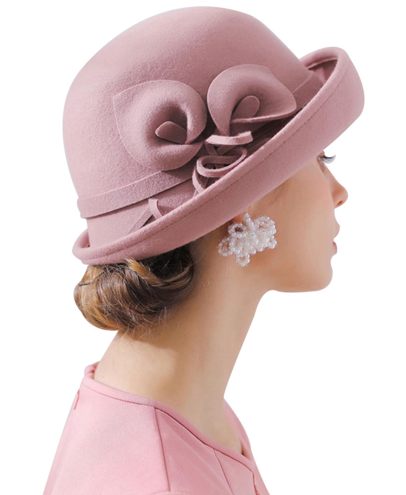 ORIDOOR Women Vintage Wool Felt Flowers Bucket Cloche Bowler Hat Church Wedding Dress Fascinator Hat Winter Felt Fedoras (012 Pink, One Size) …