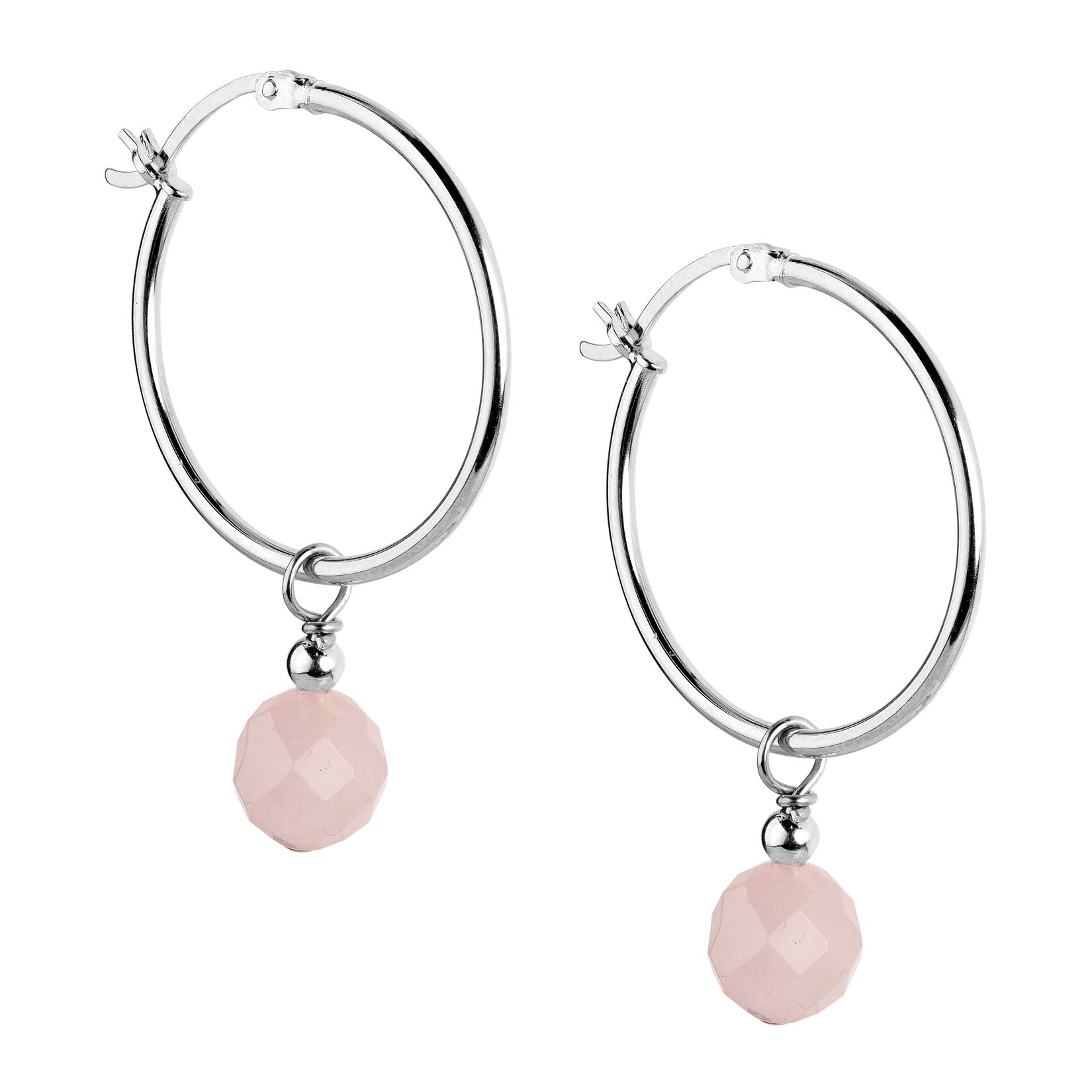 Sterling Silver Pink Rose Quartz and Red Garnet Gemstone Bead Drops on Hoop Earrings