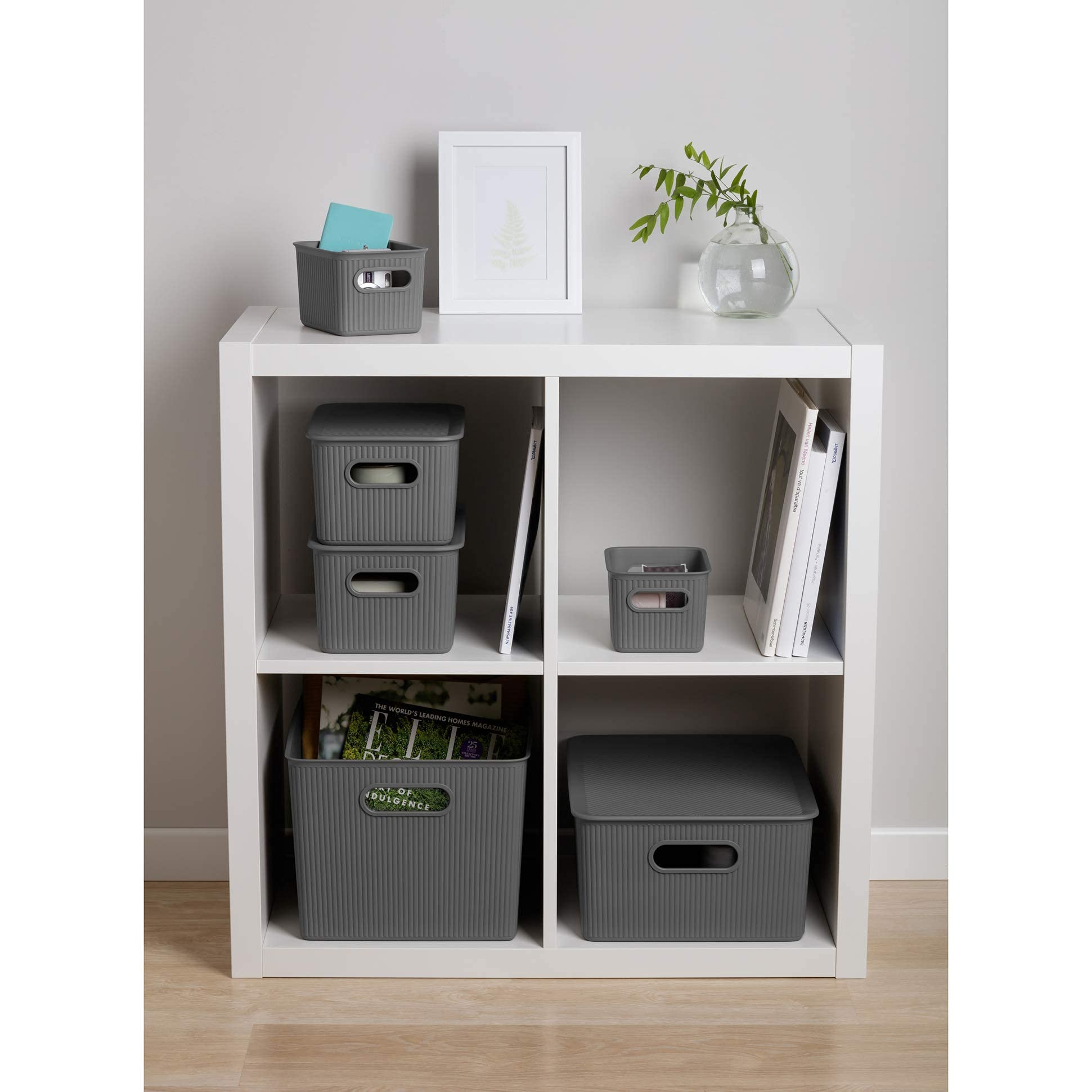 Superio Ribbed Collection - Decorative Plastic Lidded Home Storage Bins Organizer Baskets, X-Large Grey (1 Pack - 22 Liter) Stackable Container Box, for Organizing Closet Shelves Drawer Shelf