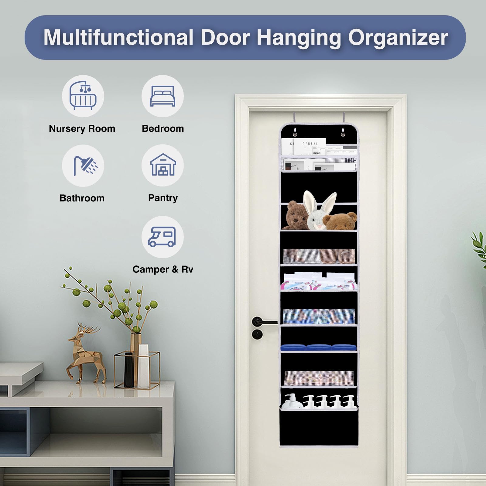 SHALORY Over Door Hanging Organizer,5-Shelf and 4 Side Pockets with Velcro Stickers Secure Heavy Duty Organization for Bedroom Pantry Nursery Cosmetics Clothes Toys and Diapers