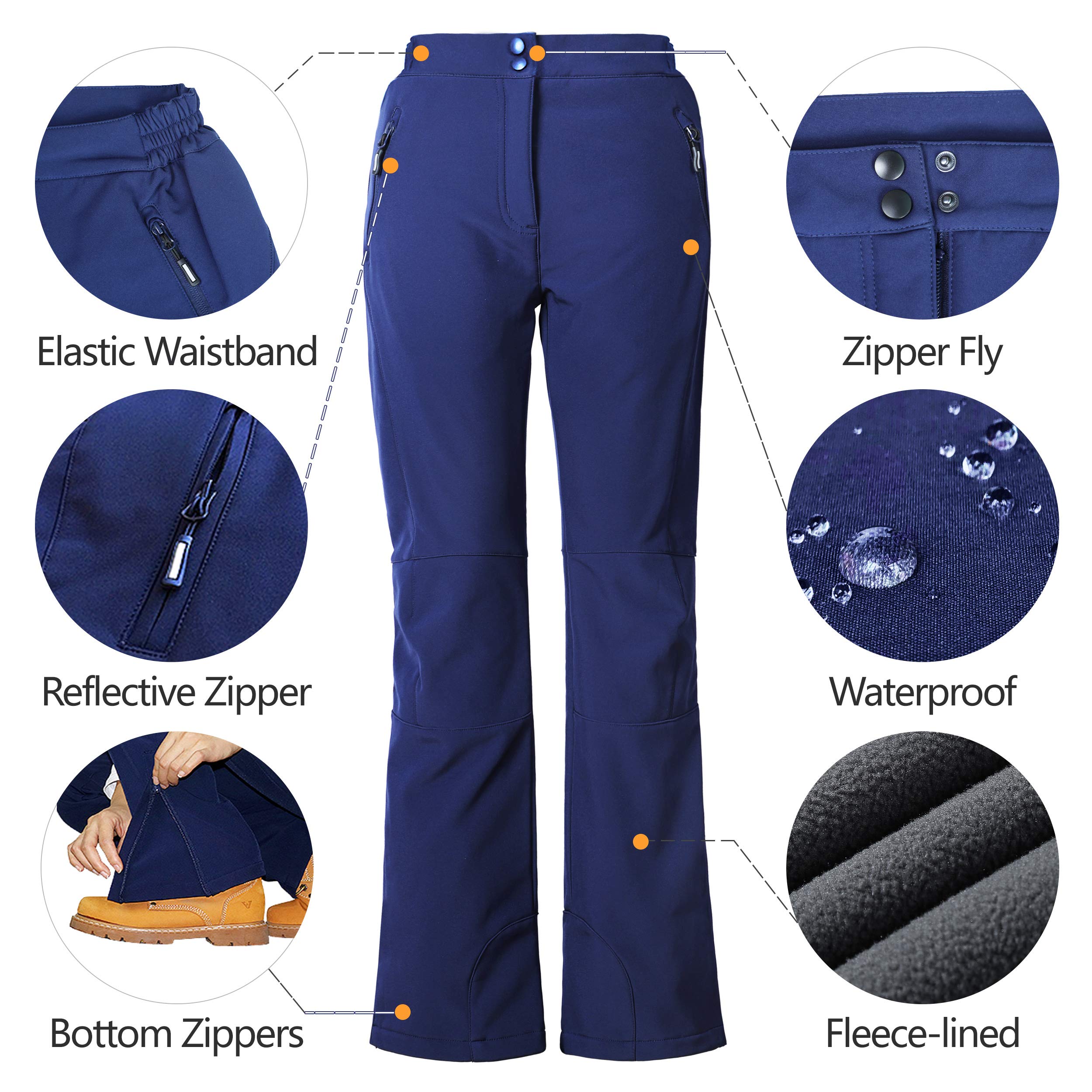 Outdoor Ventures Women's Sleek Waterproof Softshell Fleece Lined Ski Snow Insulated High Rise Hiking Pants with Bottom Zipper