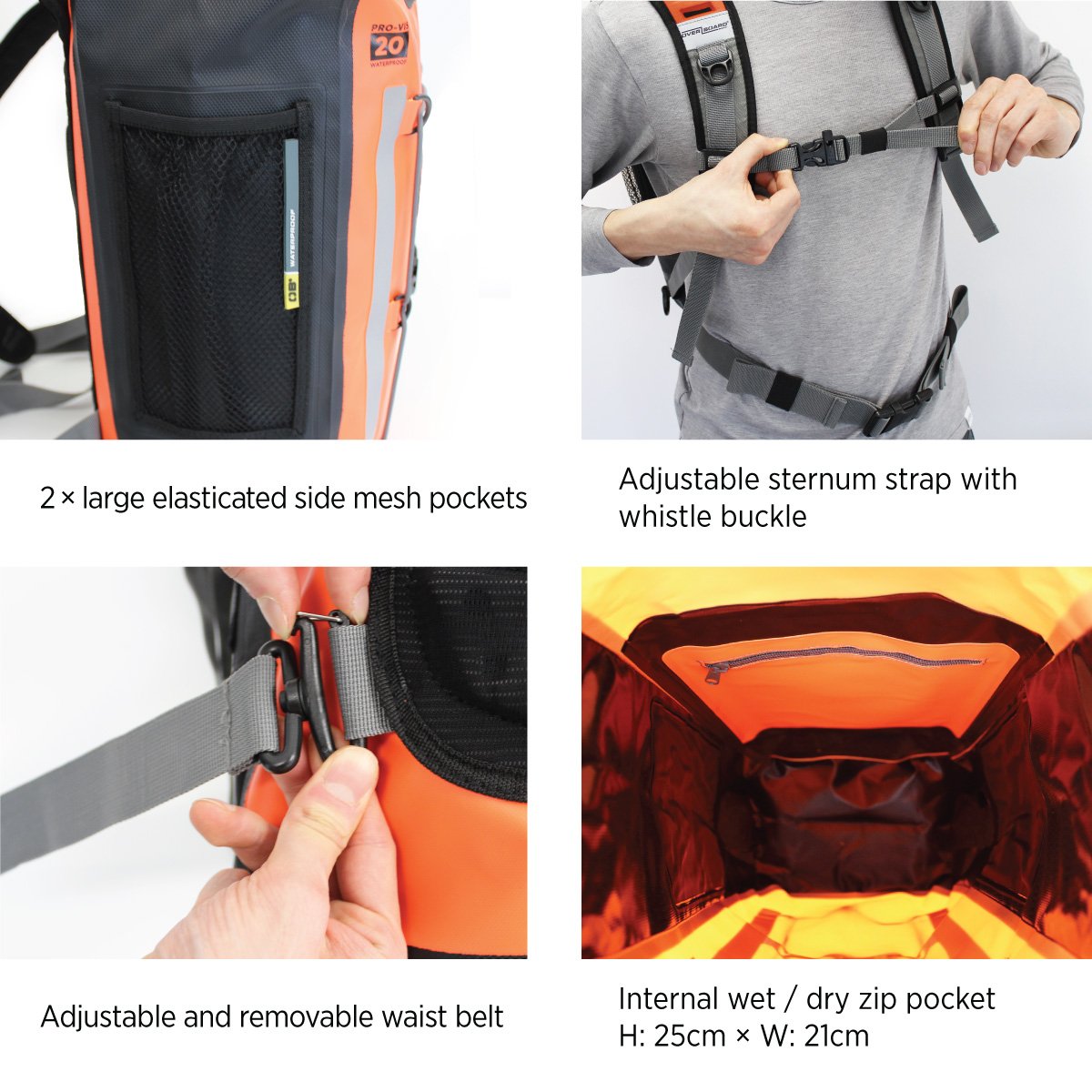 OverBoard Waterproof Pro-Vis Backpack, Orange, 20-Liter