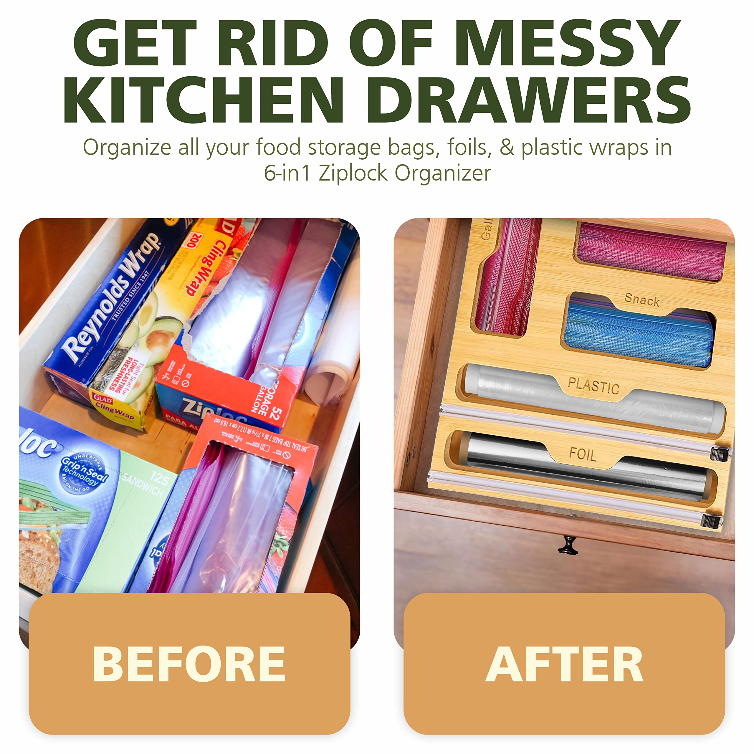 Ziplock Bag Storage Organizer for Kitchen Drawer, 6 in 1 Foil and Plastic Wrap Dispenser with Cutter, Bamboo Zip Lock Plastic Bag Baggie Organizer for Gallon, Quart, Sandwich, Snack 13" x 17" x 3.5"