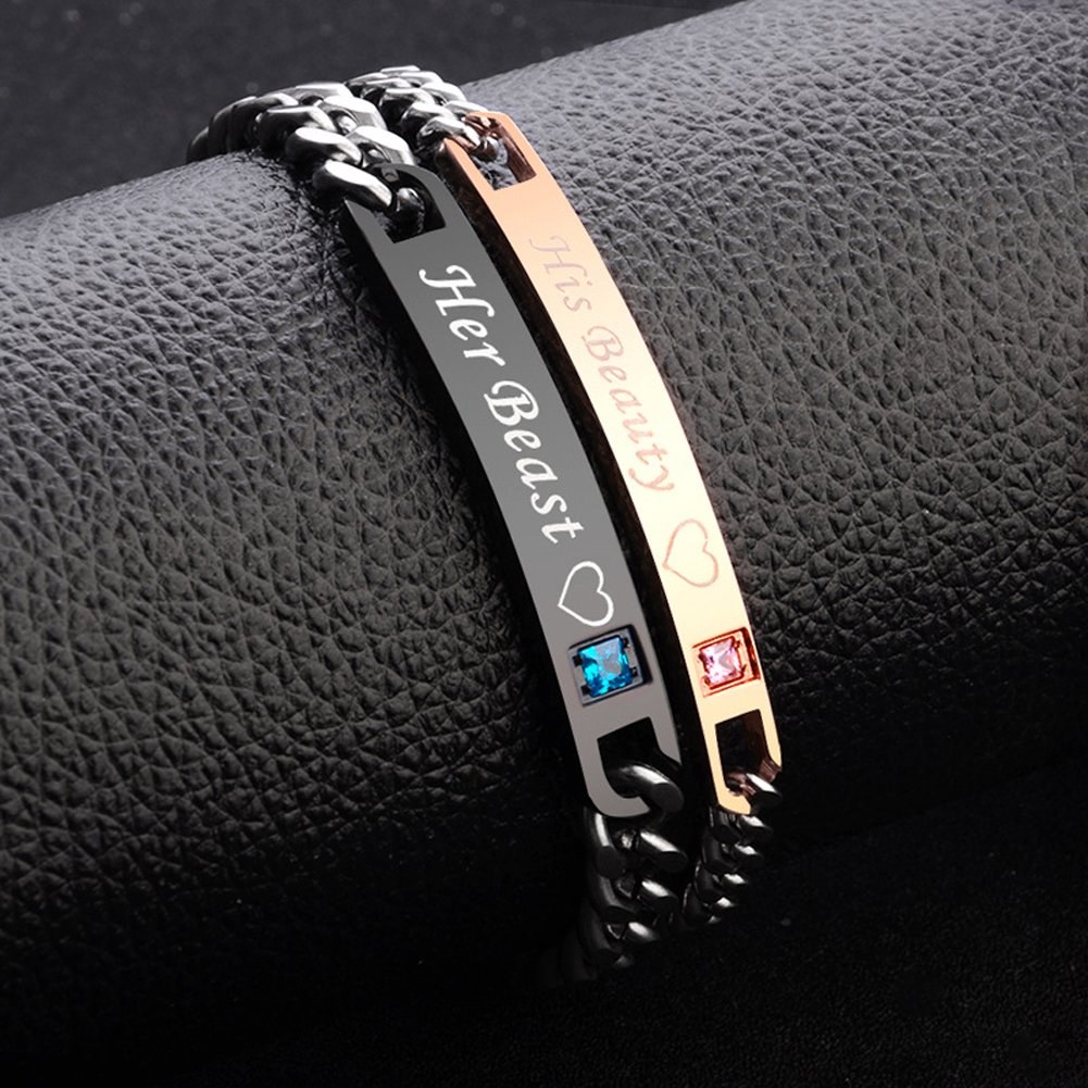 OUXUN Matching Bracelets For Couples Set Her Beast His Beauty 2 Pcs Romantic Lettering Relationship Couples Link Bracelets Promise Gifts Birthday Present For Women Men BF GF Lovers