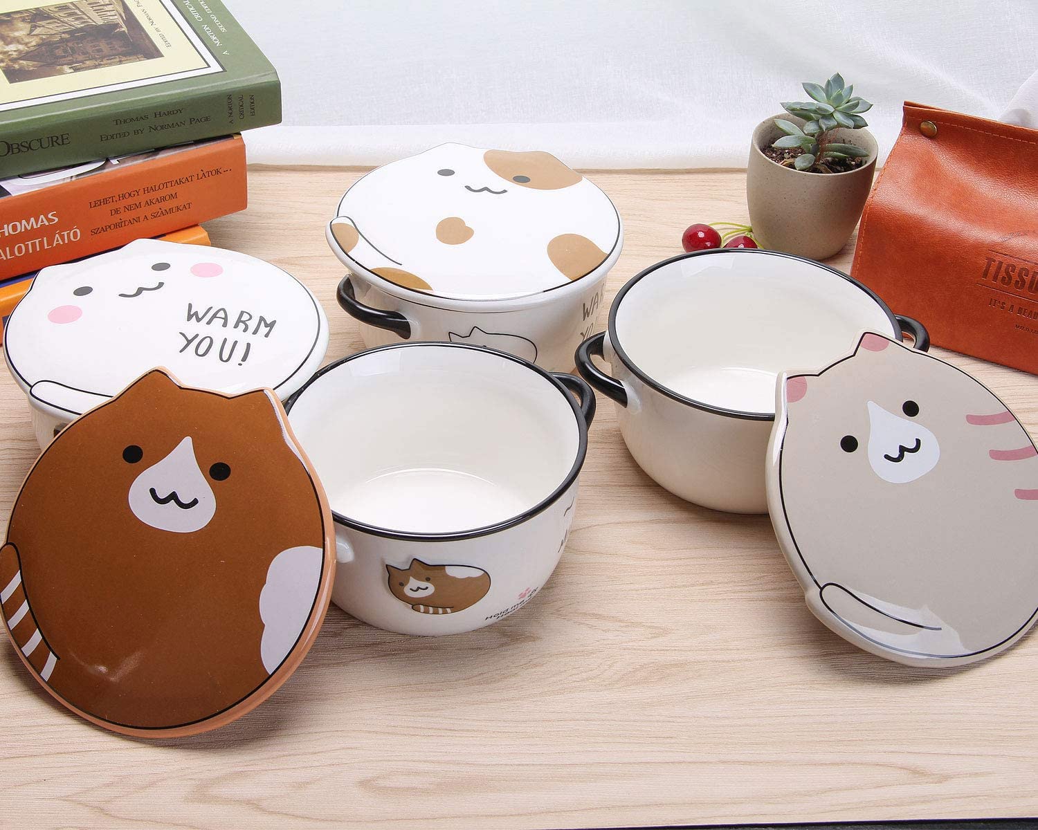 VanEnjoy Big Capacity 24oz 3D Cute Cartoon Microwave Ceramic Soup Cat Bowl Instant Noodle Bowl Cereal Bowl for Salad Fruit Vegetable with Ceramic Kitty Cat Lid and Handles (coffee)
