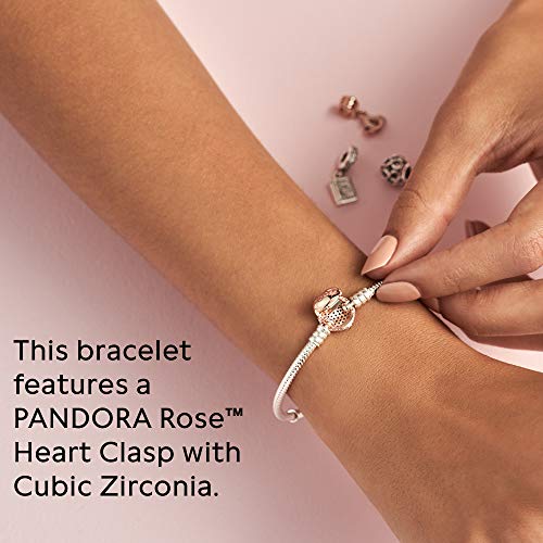 Pandora Jewelry - Moments Pave Heart Clasp Snake Chain Cubic Zirconia Bracelet - Gift for Her - Pandora Rose - 6.7"