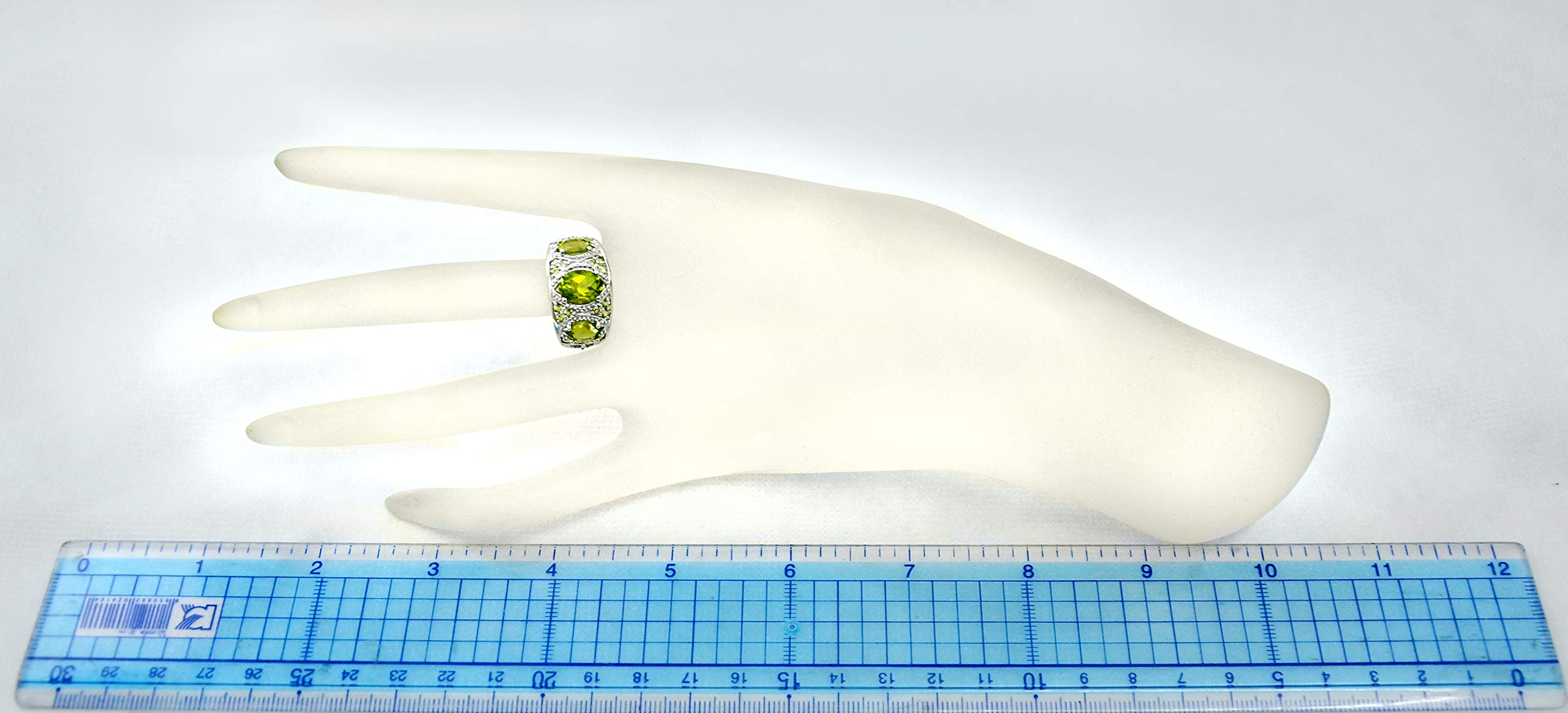 RB Gems 925 Sterling Silver Ring Genuine Gems 3-Stone-Style, Oval 9x7 mm and 7x5 mm, 5 Carats with Rhodium-Plated Finish (Peridot, 7)
