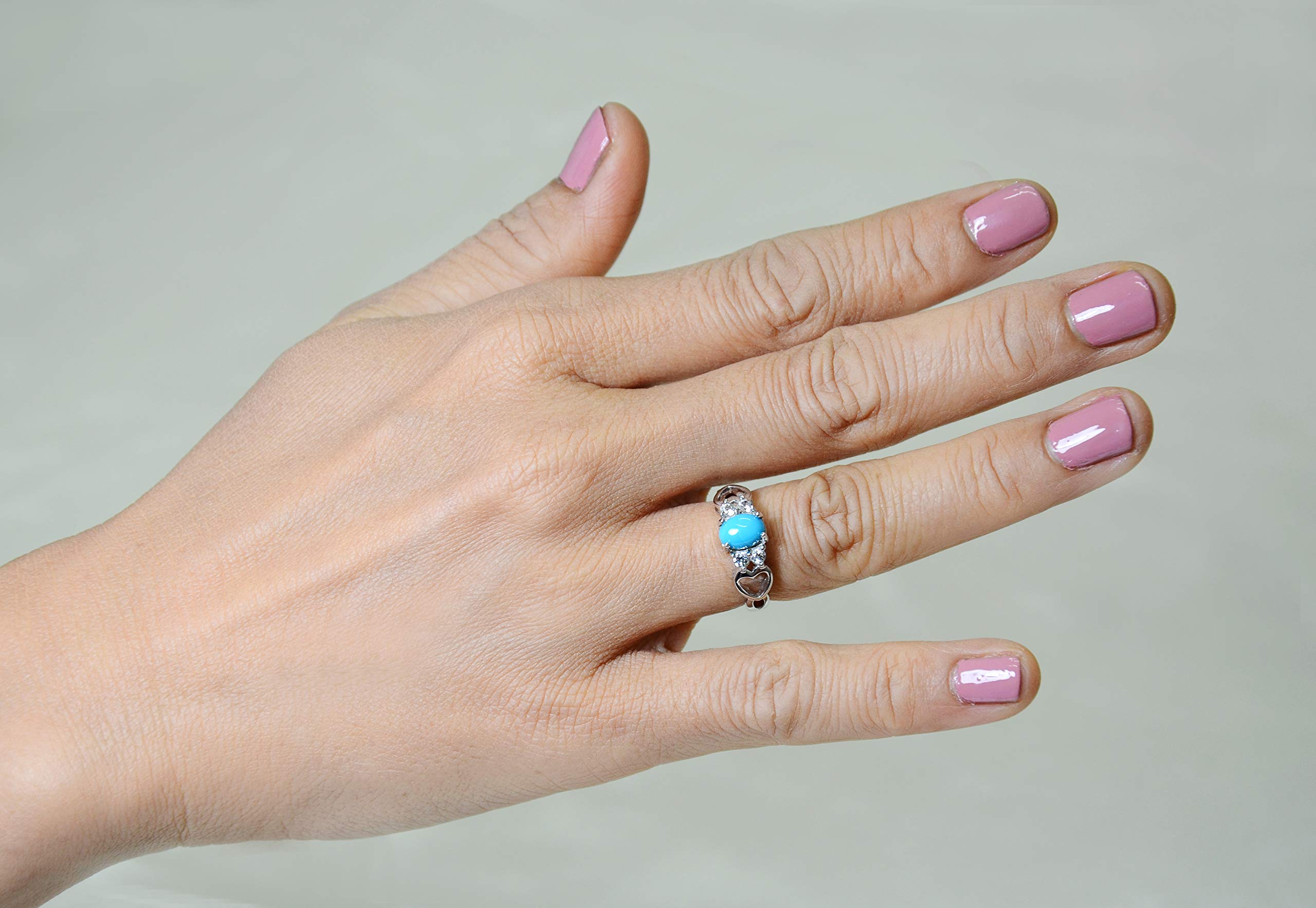 RB Gems Sterling Silver 925 Ring Genuine Gems Oval 7x5 mm, Rhodium-Plated Finish, Heart-Shaped Shanks (8, turquoise)