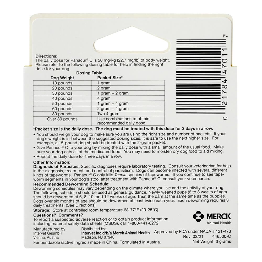 Panacur C Canine Dewormer Treatment Three 1-Gram Packets, Each Packet Treats 10 lbs