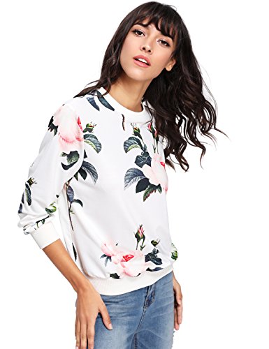 ROMWE Women's Casual Floral Print Long Sleeve Pullover Tops White L
