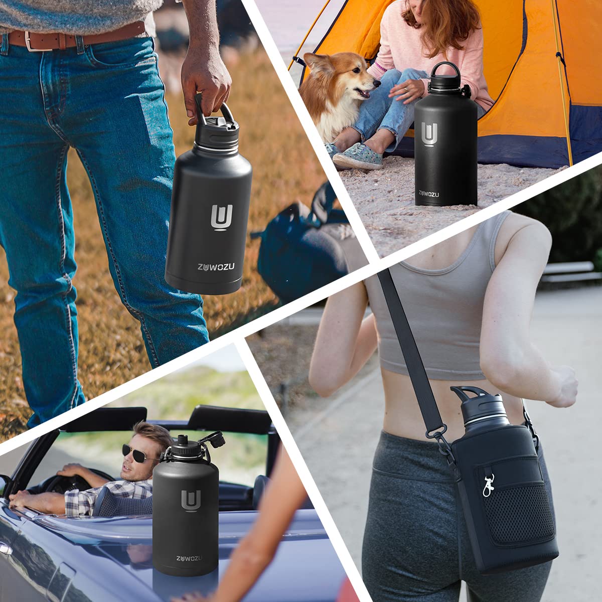 ZUWOZU 1 Gallon Water Bottle Insulated, 128oz Large Stainless Steel Water Bottles with Straw, Spout & Handle Lid, Big 1 Gallon Water Jug with Carrier Bag w/Strap, Perfect for Hot&Cold Drinks,Black