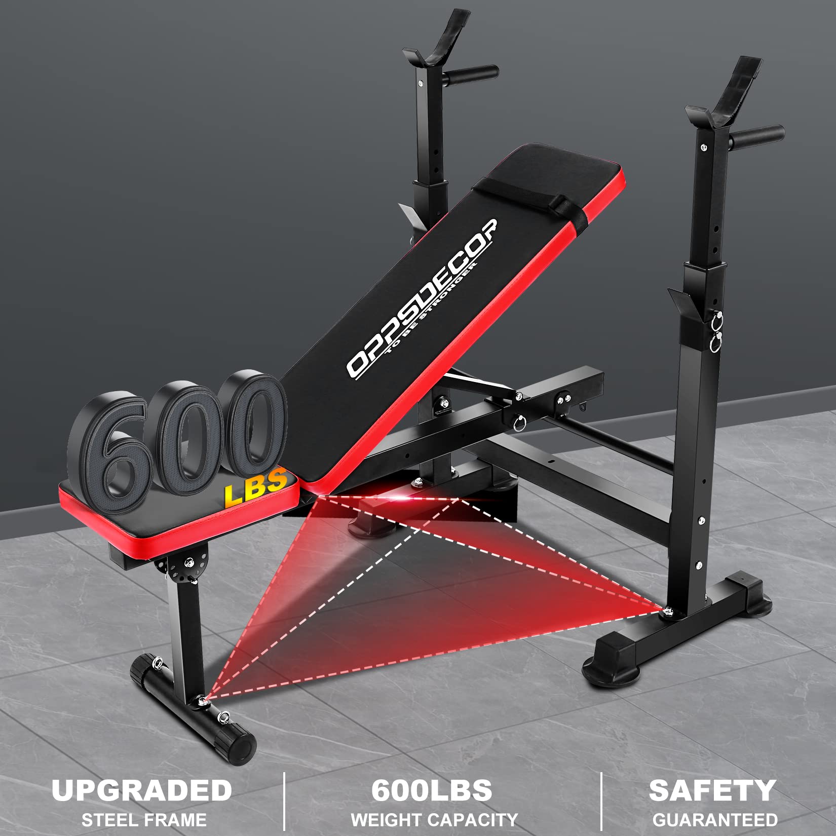 OPPSDECOR 8 in 1 650lbs Weight Bench Adjustable Workout Bench Set with Squat Rack Olympic Weight Bench Strength Training Leg Developer Preacher Curl and Barbell Rack Incline Seat for Home Gym OPX496