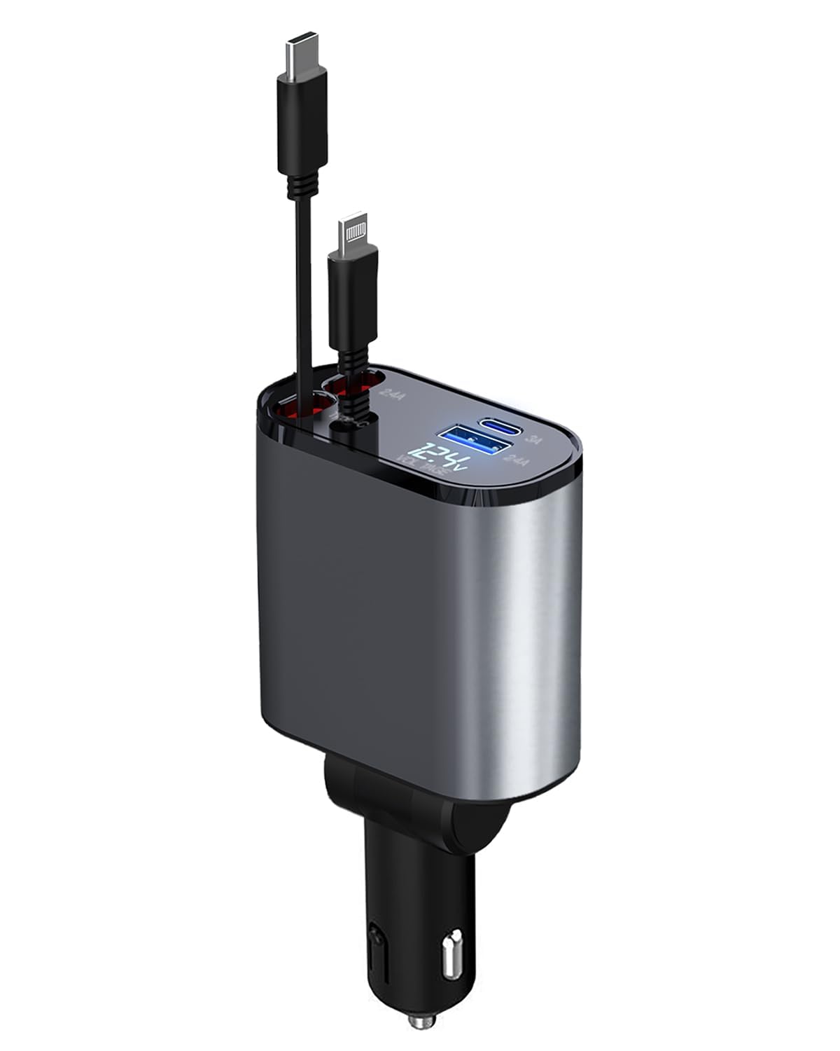 Retractable Car Charger, 4 in 1 Fast Car Phone Charger 66W, Retractable Cables and USB Car Charger,Compatible with iPhone 15/14/13/12/11,Galaxy,Pixel