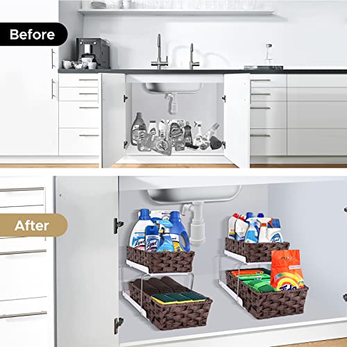 TCJJ 2-Tier Brown Storage Baskets for Organizing, Under Bathroom/Kitchen Sink Organizers and Storage, 2 Woven Sliding Baskets for Bathroom Kitchen Pantry Medicine Cabinet Counter