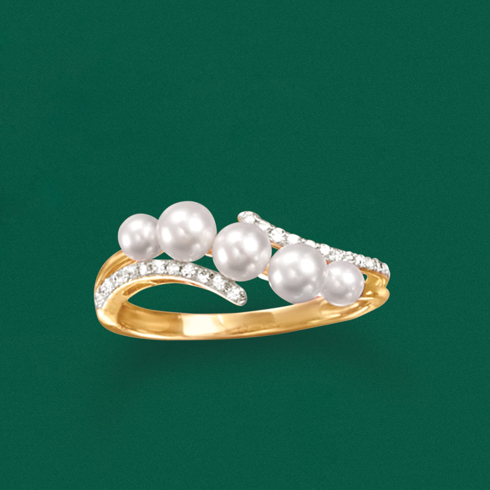 Ross-Simons 3-4mm Cultured Pearl and .10 ct. t.w. Diamond Wave Ring in 14kt Yellow Gold. Size 8
