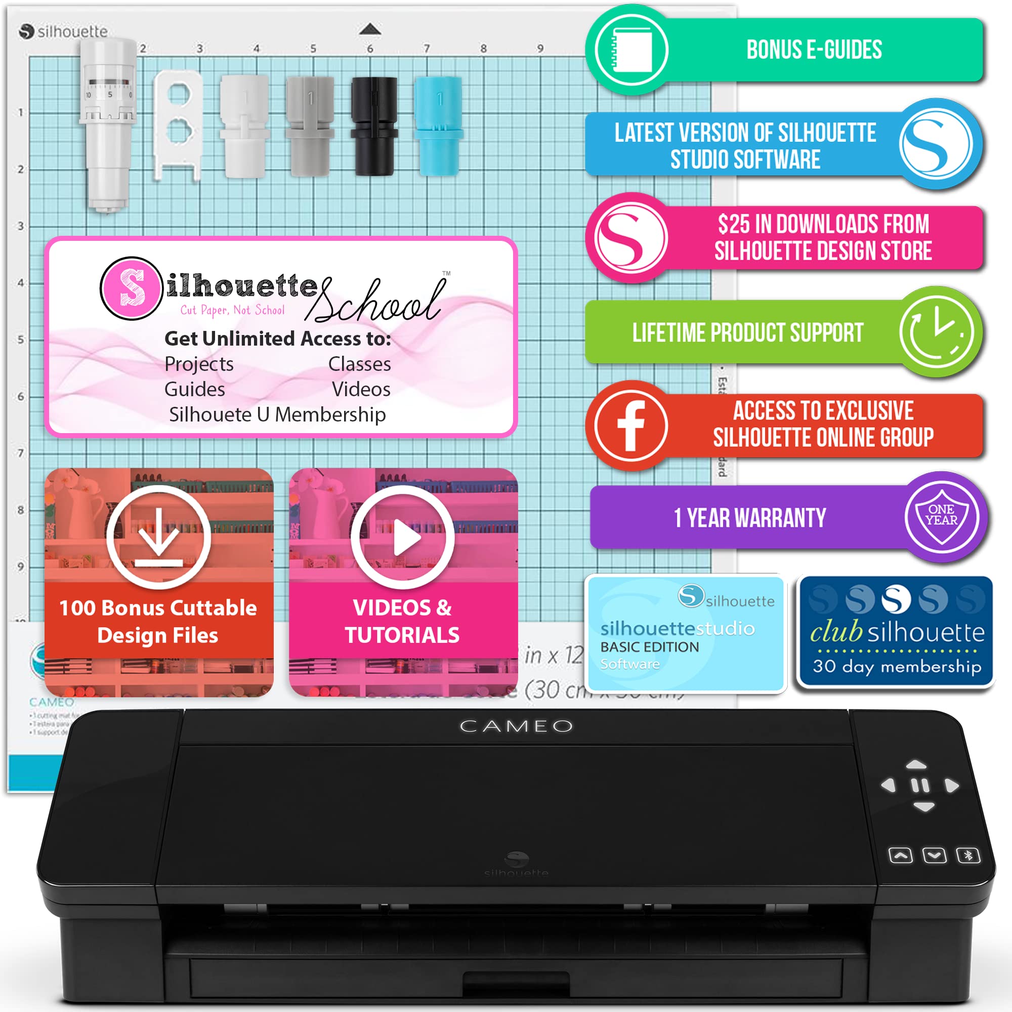 Silhouette Black Cameo 4 Starter Bundle with 38 Oracal Vinyl Sheets, T-Shirt Vinyl, Transfer Paper, Class, Guides and 24 Sketch Pens