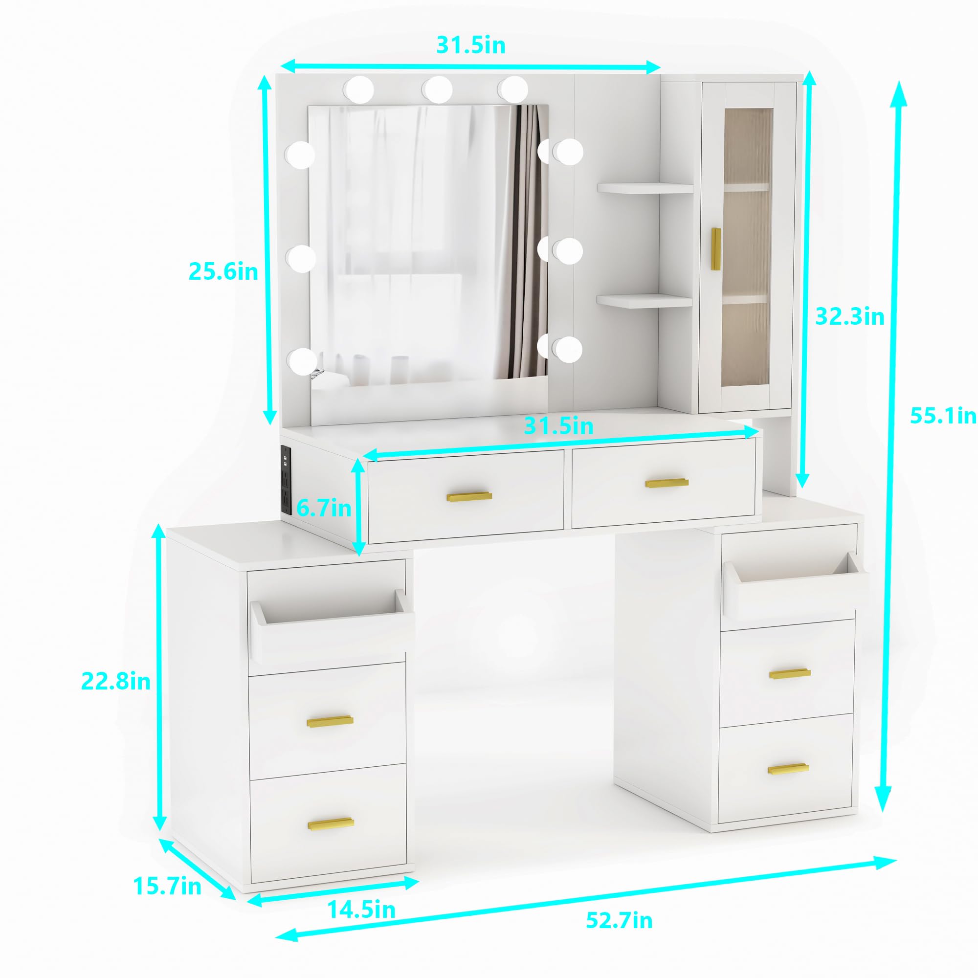 PAKASEPT Vanity Set with Lights, Makeup Vanity Desk with Tri-Fold Mirror, Dresser Table with 2 Drawer and Storage Cabinet, Cushioned Stool for Women Girls White