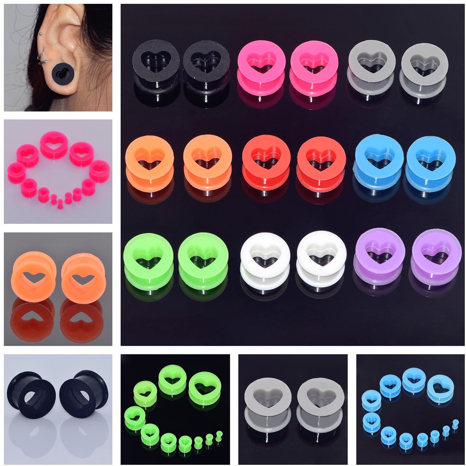 Oyaface 18 PC Tunnel Soft Silicone Flesh Plug Heart Tunnel Flexible Ear Stretching Gauge Expander 6mm