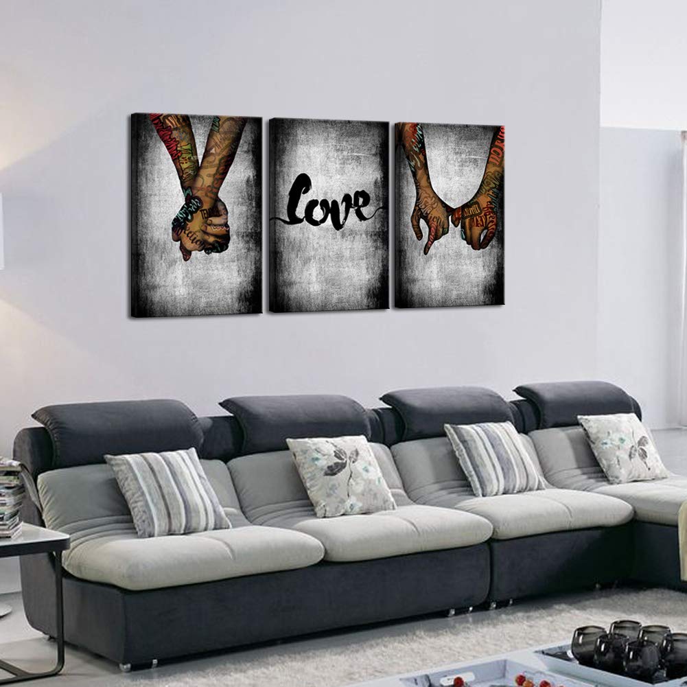 sechars Graffiti Canvas Wall Art Love Hand in Hand Painting Poster Print Abstract Pop Art for Bedroom over The Bed Decoration Lover Artwork Framed Ready to Hang 16x24inchx3PCS