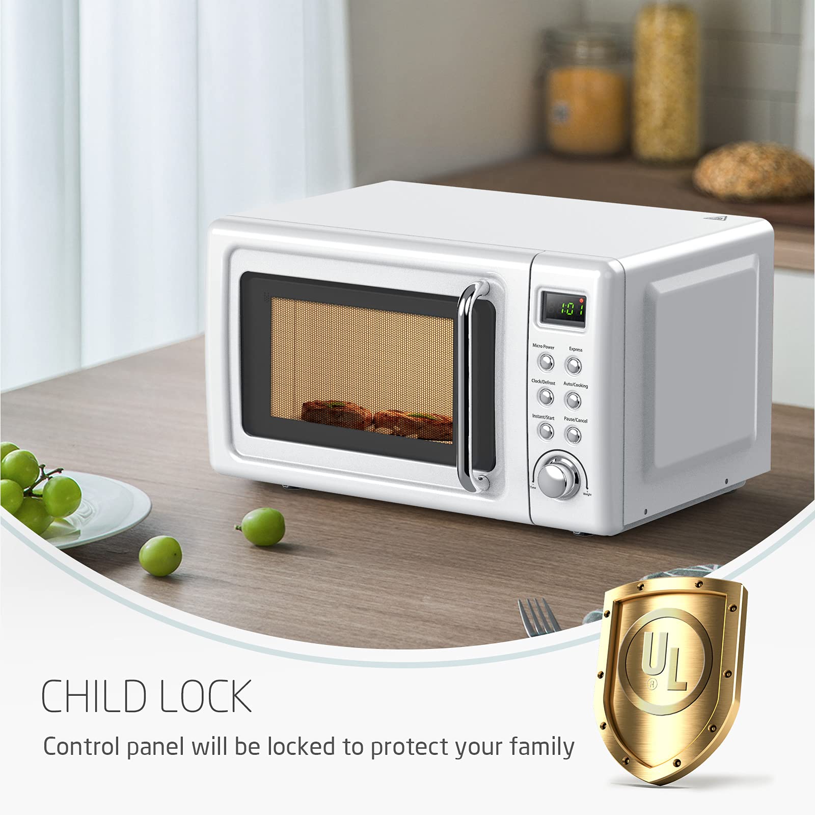 Retro Microwave Oven, SIMOE Small Countertop Microwave 0.7 cu. ft. 700W with 8 Preset Cooking Options (White)