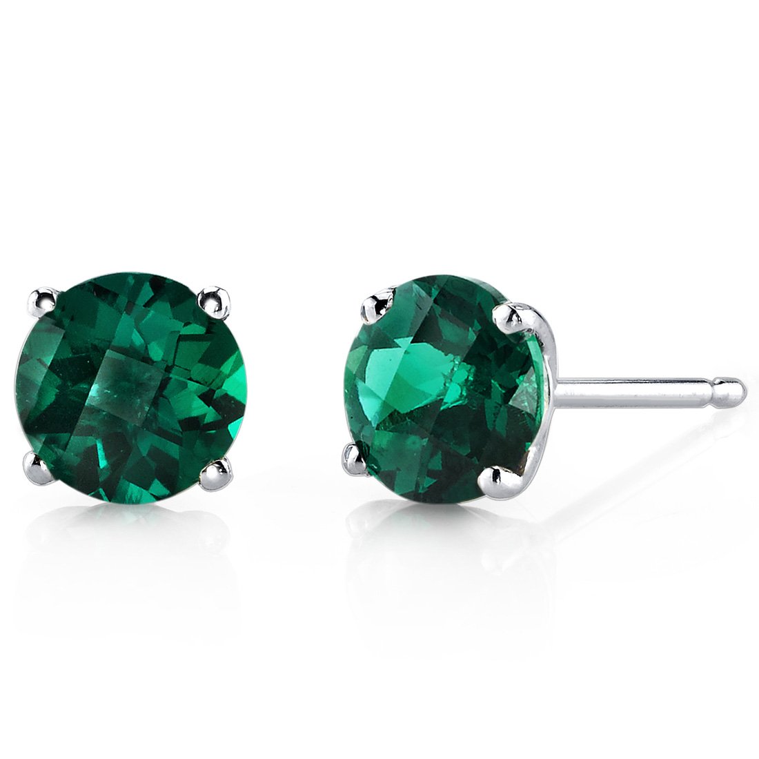 Peora Solid 14K White Gold Created Emerald Solitaire Stud Earrings for Women, Hypoallergenic 1.50 Carats total Round Shape AAA Grade, May Birthstone, Friction Backs