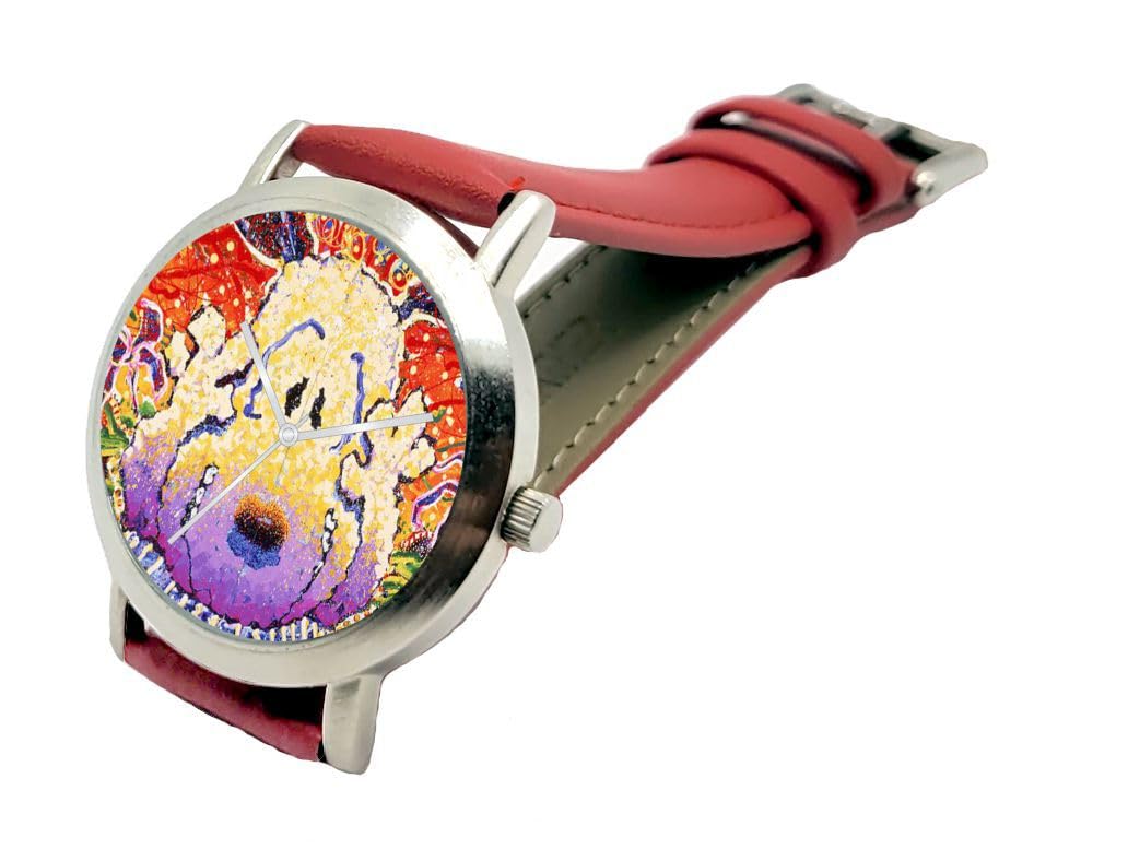RICH Snoopy by Everhart Featuring Tom Everhart's Image of Snoopy in Nobody Barks in L.A. On The Unisex Size Brushed Chrome Watch with A Red Leather Strap