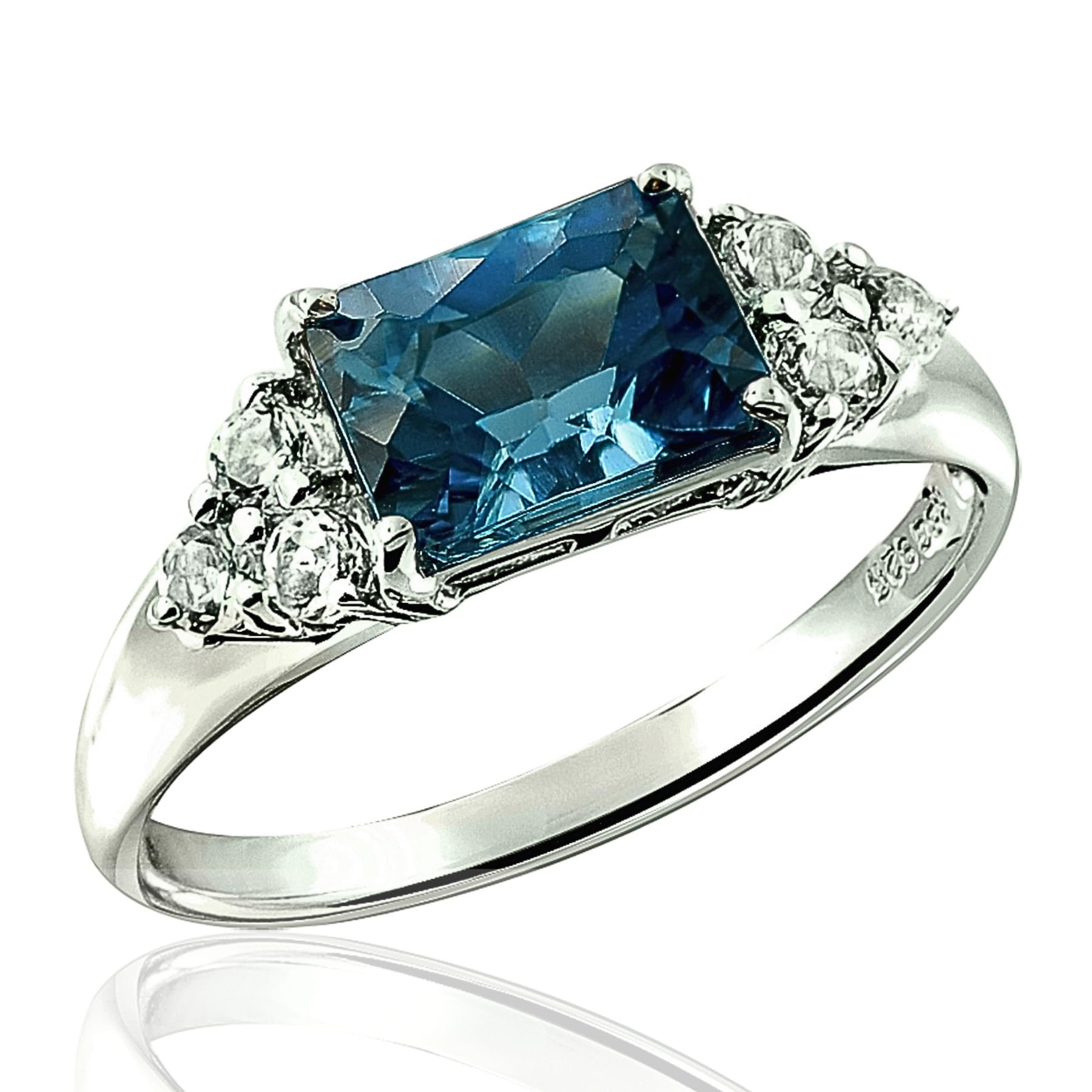 RB Gems 925 Sterling Silver Ring Genuine Gems Emerald-Cut 8x6 mm 2.5 Cts, East-West Setting, Rhodium-Plated Finish (London Blue Topaz, 8)
