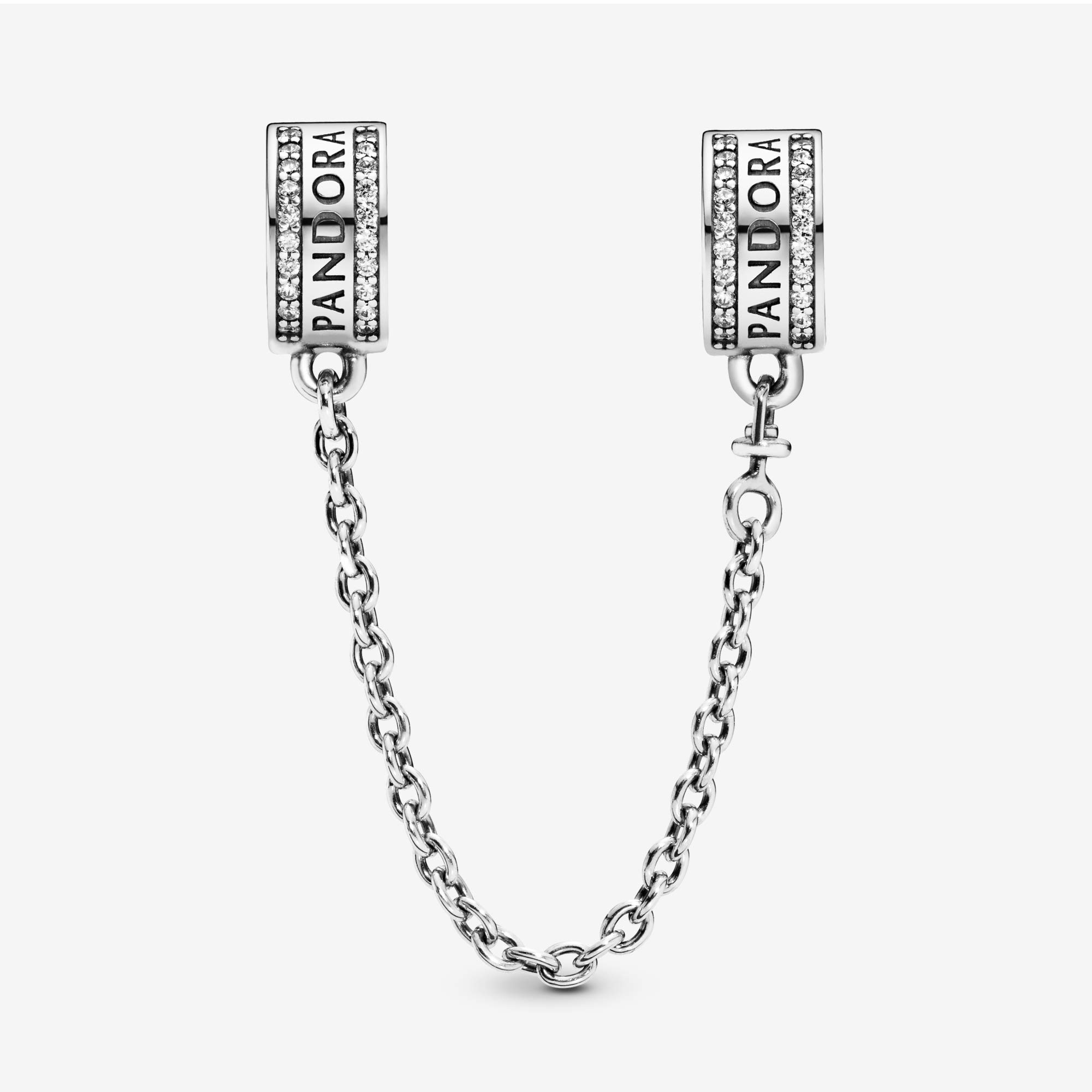 PANDORA Pandora Logo Safety Chain Charm, Sterling Silver, Clear Cubic Zirconia, 2 IN