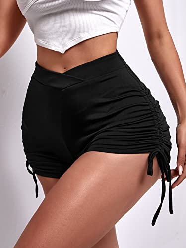 Verdusa Women's Ruched Drawstring Side High Waist Workout Yoga Skinny Shorts Black M