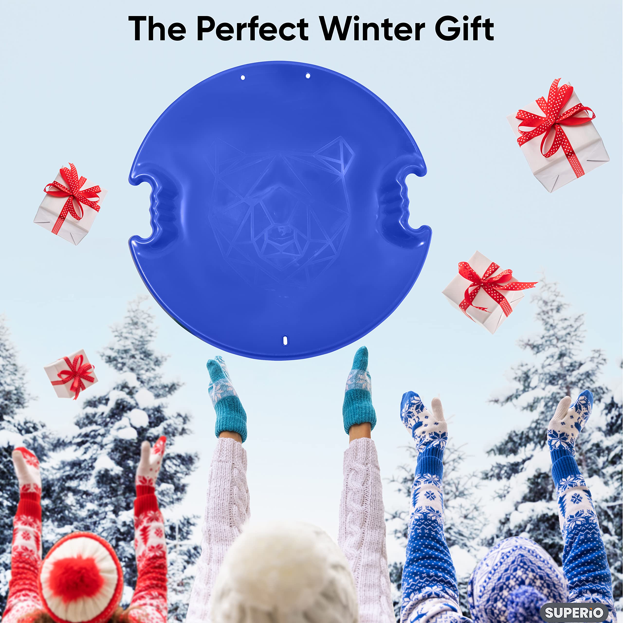 Superio Round Snow Saucer Sleds- 26β Plastic Disc Sleds for Kids and Adults- Heavy Duty Sled Discs with Handles for Downhill Sledding, Winter Outdoor Sports, (Red, Blue)
