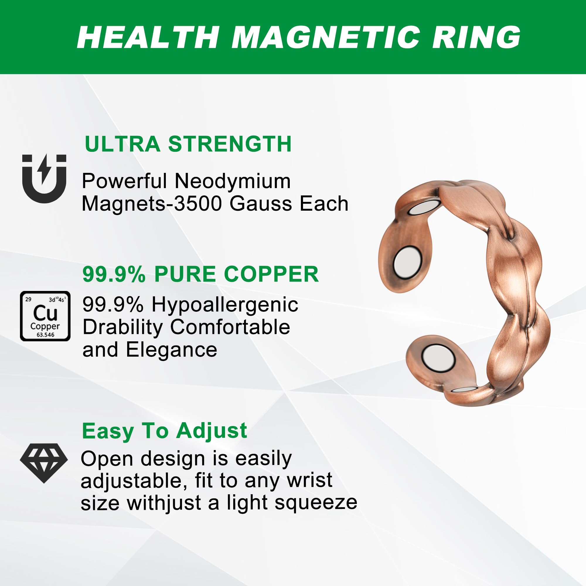 Wollet 99.9% Pure Copper Magnetic Ring for Women Men, Copper Rings with Magnets Adjustable Copper Ring Jewelry Gift