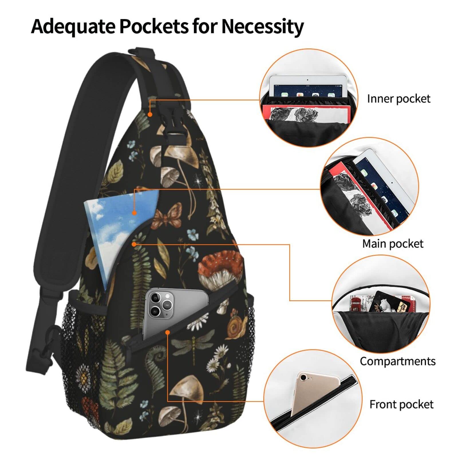 SUPLUCHOM Sling Bag Vintage Mushroom Leaf Forest Hiking Daypack Crossbody Shoulder Backpack Travel Chest Pack for Men Women Over 12 Years Old