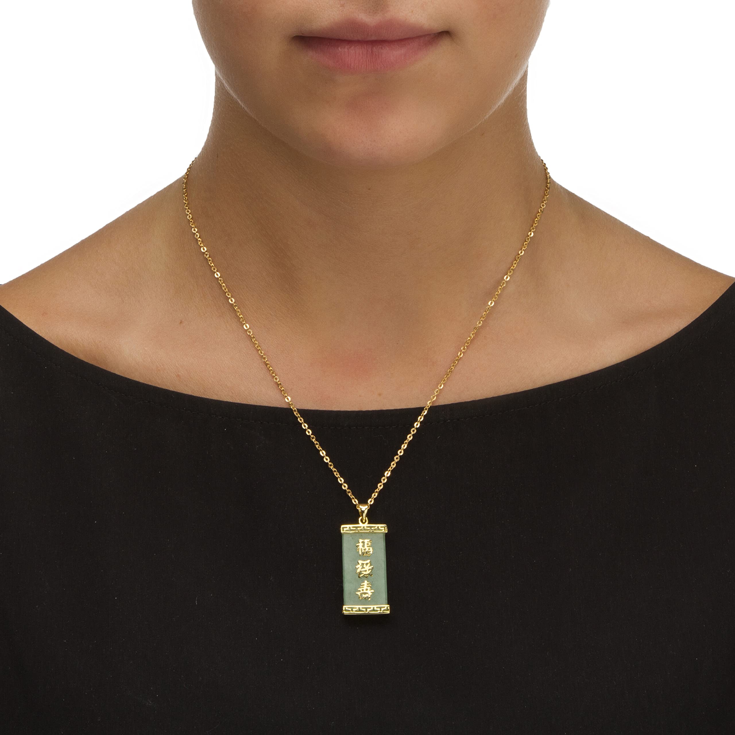 PalmBeach Yellow Gold-plated Sterling Silver Emerald Cut Genuine Green Jade "Good Luck" Pendant (36mm)