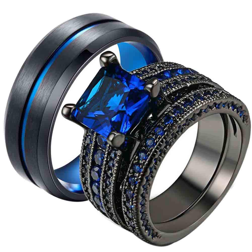 Ringcrown Couple Rings Black Gold Filled Princess Cut Blue Cz Womens Wedding Ring Sets Man Tungsten Wedding Band(Please Buy Two Rings for one Pair)