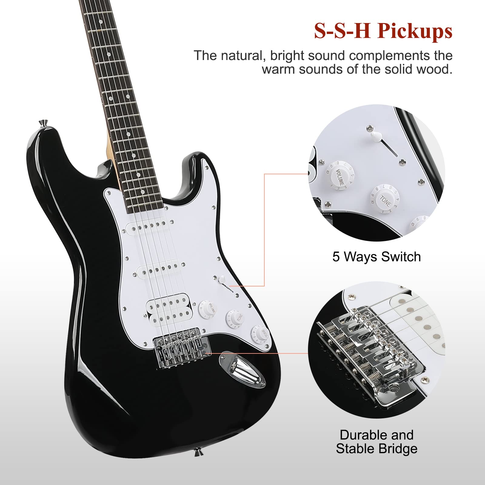 SAYHA Electric Guitar, 39 Inch Solid Full-size Electric Guitar HSS Pickups Starter Kit Includes Amplifier, Bag, Digital Tuner, Strap, String, Cable, Picks(Black)