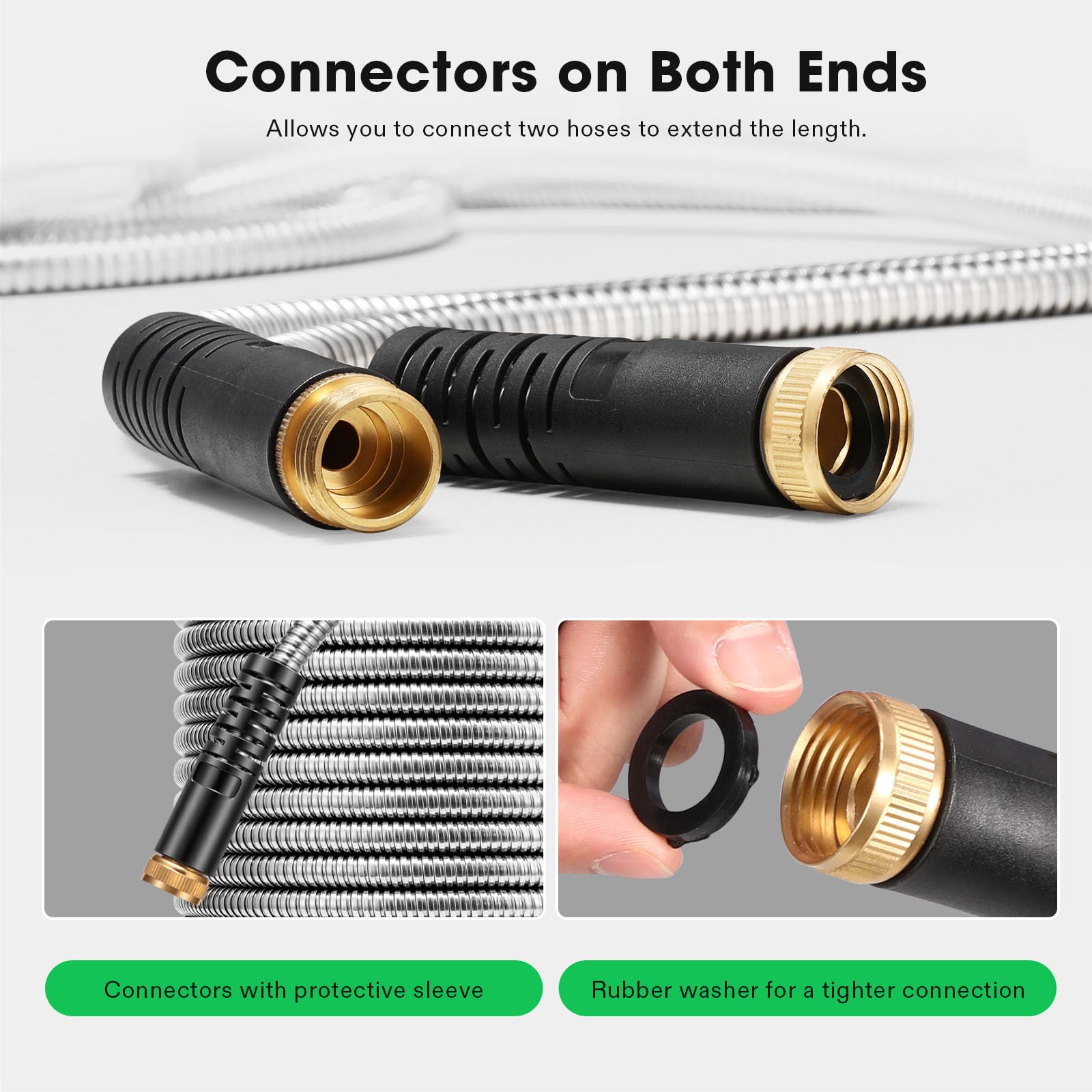 VIVOGROW Metal Garden Hose 50ft, Stainless Steel Water Hose with Brass Fittings & 10-Function Nozzle, Tangle Free & Crush Proof, Flexible Bionic Hose for Garden Watering, Pet Bathing, Car Washing