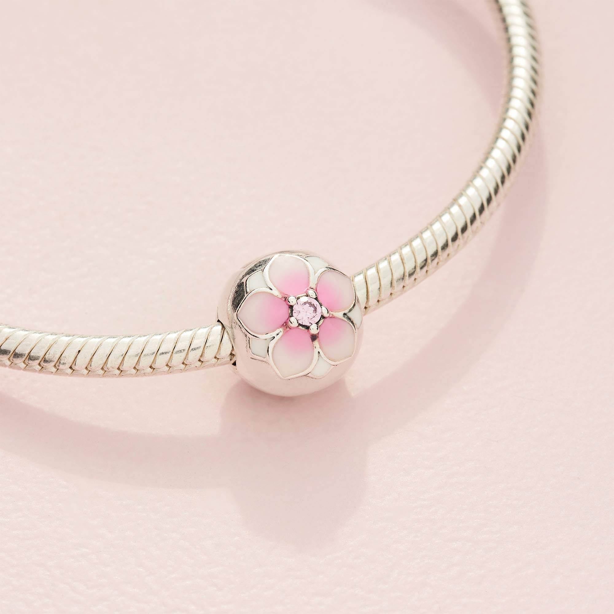 Pandora Jewelry Round Pink Magnolia Flower Cubic Zirconia Charm in Sterling Silver