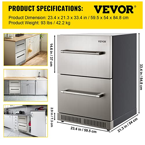 vevor 24" Undercounter Built-in Refrigerator, 5.12 Cu.ft. Double Drawer Indoor/Outdoor Beverage Fridge with Embraco compressor,32-50°F Cooling Range, Ventilated Cooling for Home and Commercial Use