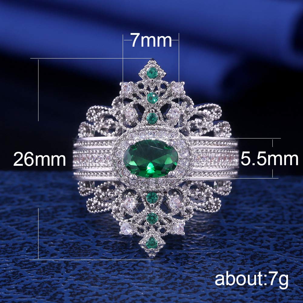 SCHZBSP 18K white gold plated royal noble emerald ring cubic zirconia ring vintage style crystal diamond ring 925 sterling silver ladies engagement wedding ring set (6)