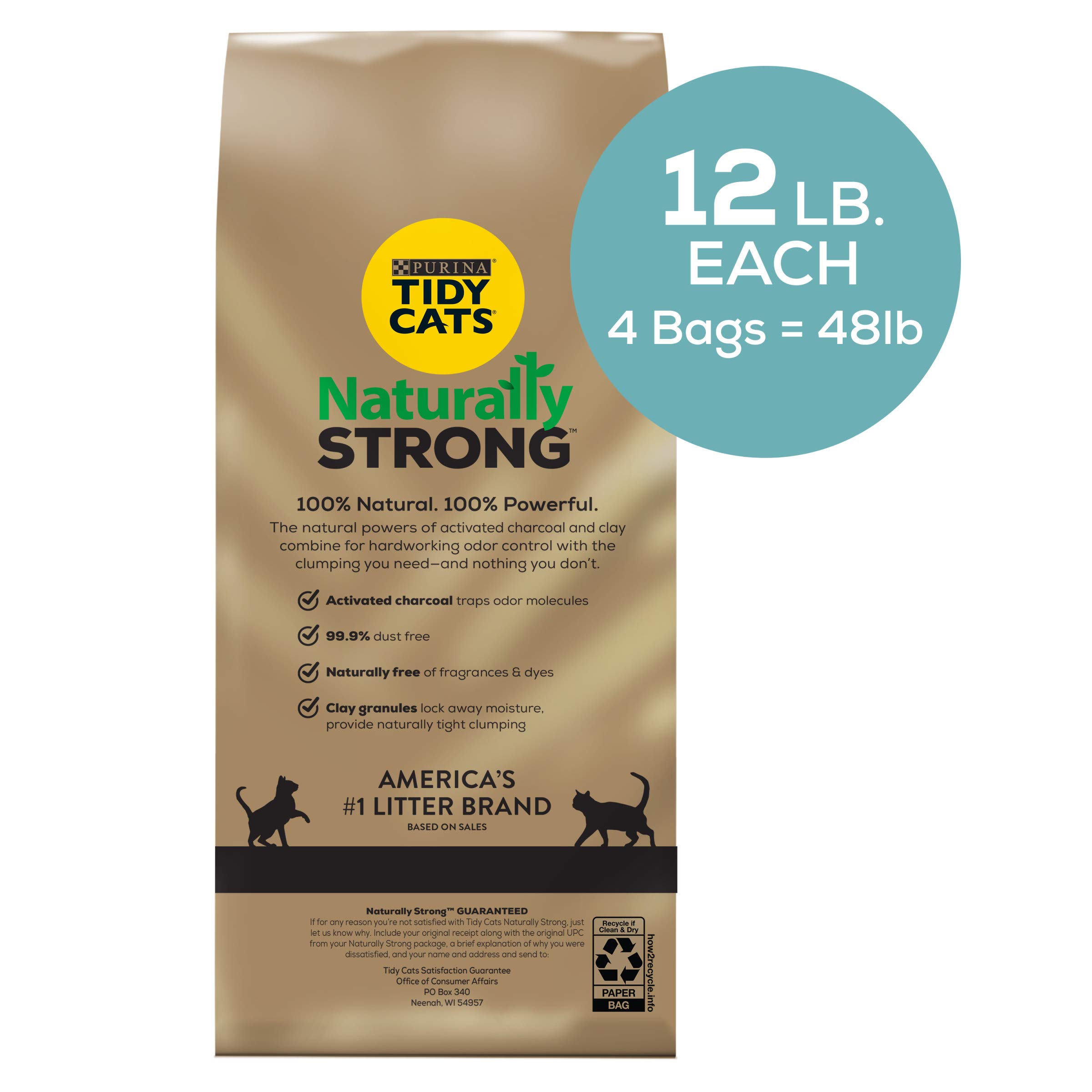 Purina Tidy Cats Unscented, Clumping, Natural Cat Litter, Naturally Strong Clay Multi Cat Litter - (4) 12 lb. Bags