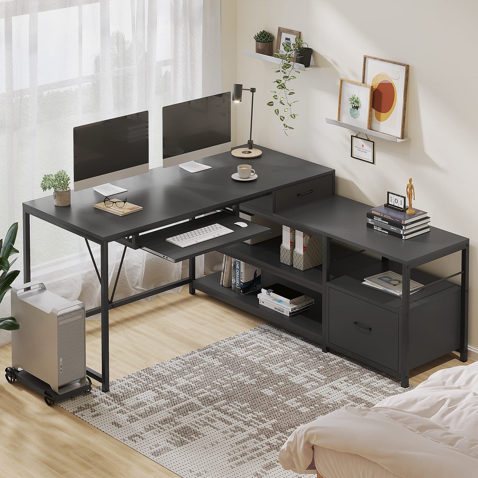 SEDETA L Shaped Desk with File Drawers, 55 inches Corner Computer Desk with Storage Shelves, Keyboard Tray and Printer Stand, Computer Table Writing Desk Workstation for Home Office, Black