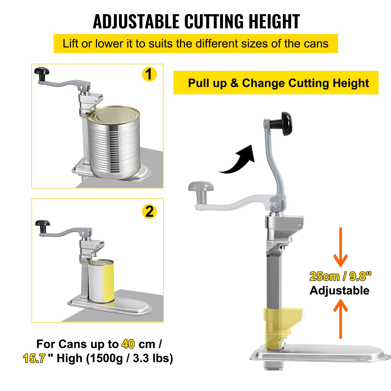 VEVOR Commercial Can Opener, 23.2"/59cm Long, Stainless Steel Manual Table Can Opener for Up to 15.7"/40cm Tall, Fixed with Clamp or Screws, Ergonomic Swing Handle & One Spare Knife, for Restaurants