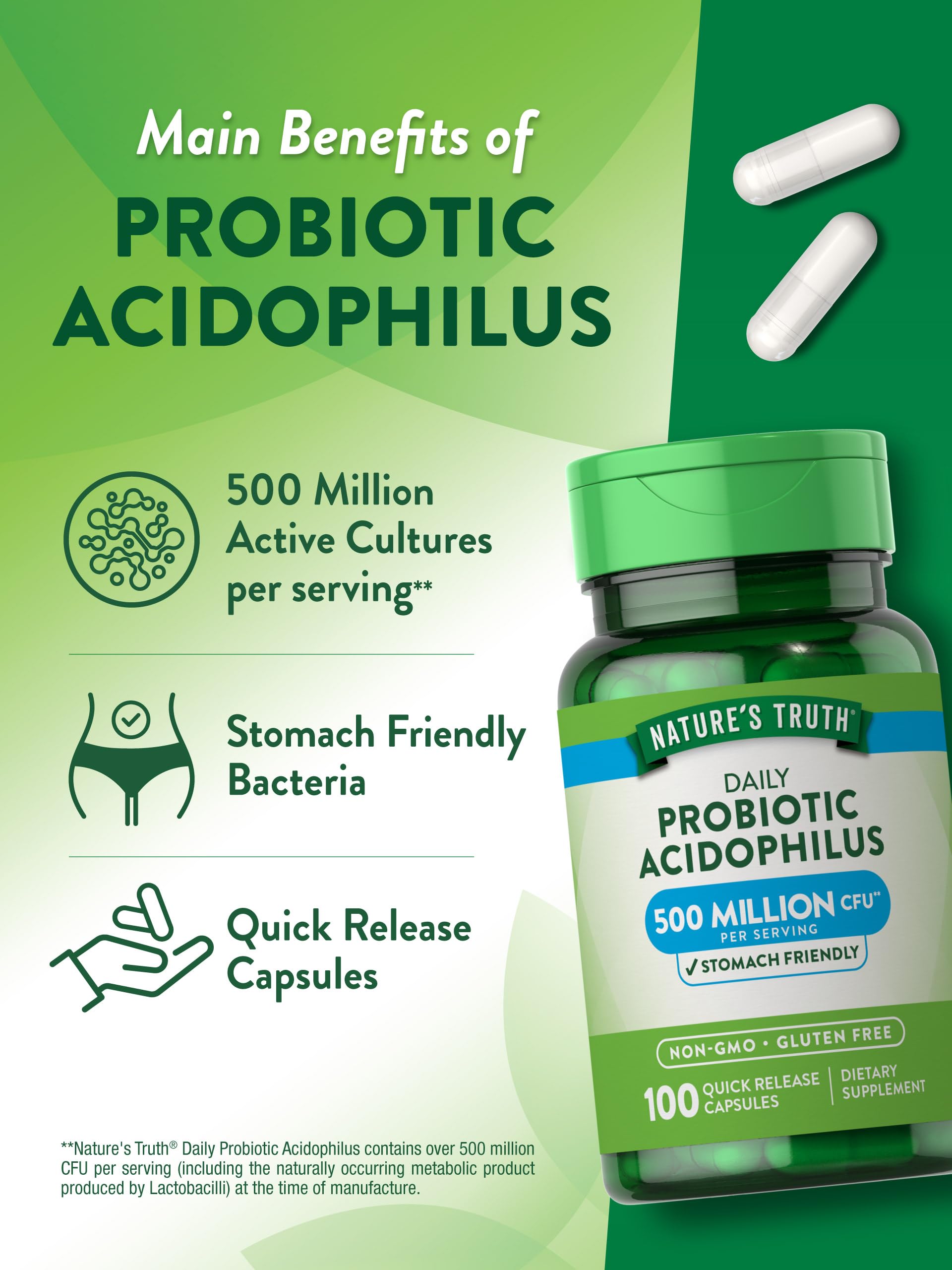 Probiotics For Men and Women Digestive Support | 500 Million CFU | 100 Capsules | Acidophilus | By Nature's Truth