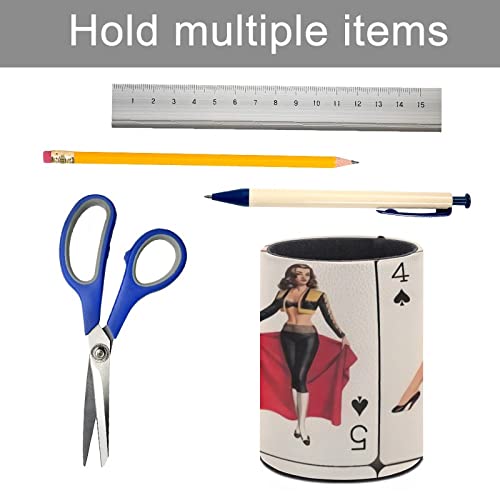 Poker Pinup Girls Pen Holder PU Leather Pencil Cup Cute Desk Organizer Makeup Brush Box for Home Office