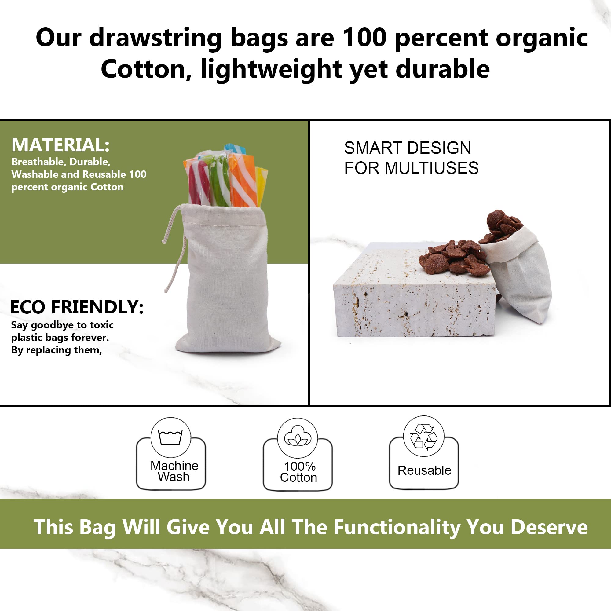Reusable Eco friendly 10"x12" Cotton Thick Single Drawstring Muslin Bags "premium quality (Natural Color)-100 count pack