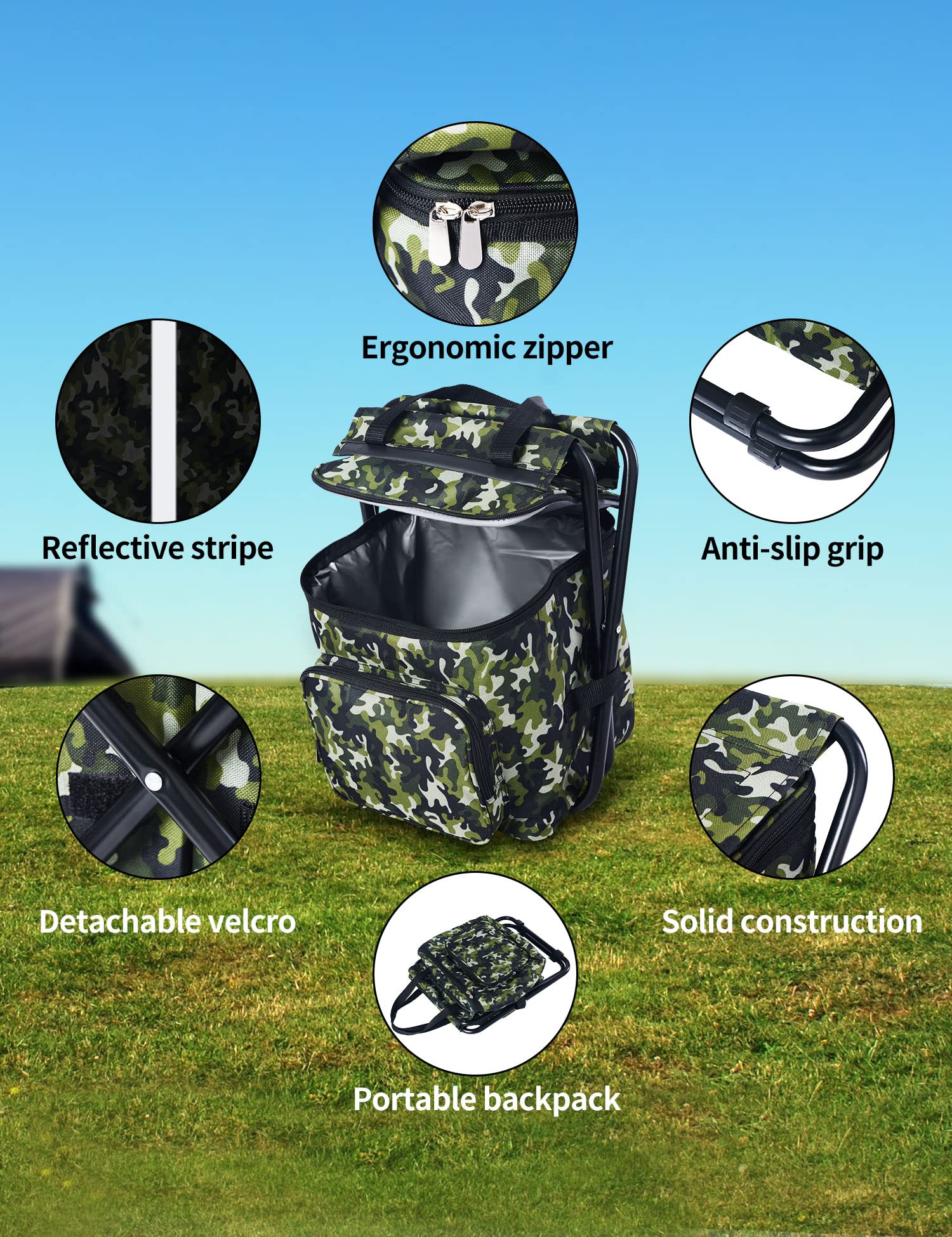 URBEST Fishing Chair Folding Portable Multi Functional Stool with Large Soft Sided Cooler Bag Camping Lawn Beach Camouflage