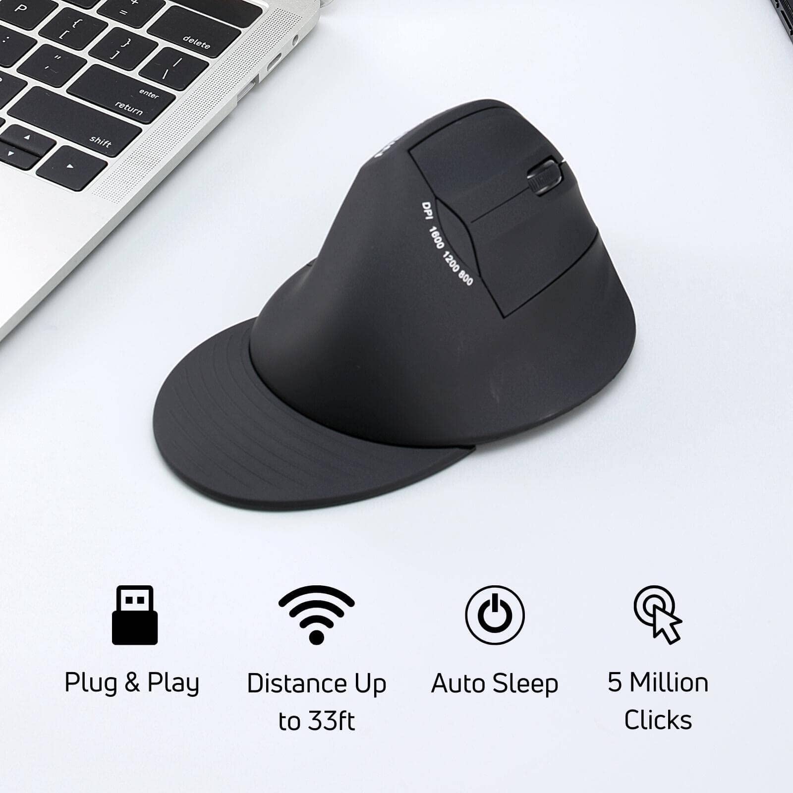 Vertical Ergonomic Mouse, Sculpted Wireless Mouse with Wrist Support, 3 DPI Levels & 6 Buttons for Computer, Laptop & MacBook, Right-Handed, Black